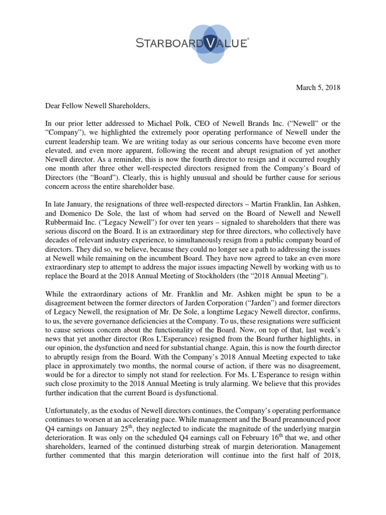 Starboard Value LP Letter To NWL Shareholders 03.05.2018 | PDF | Board ...