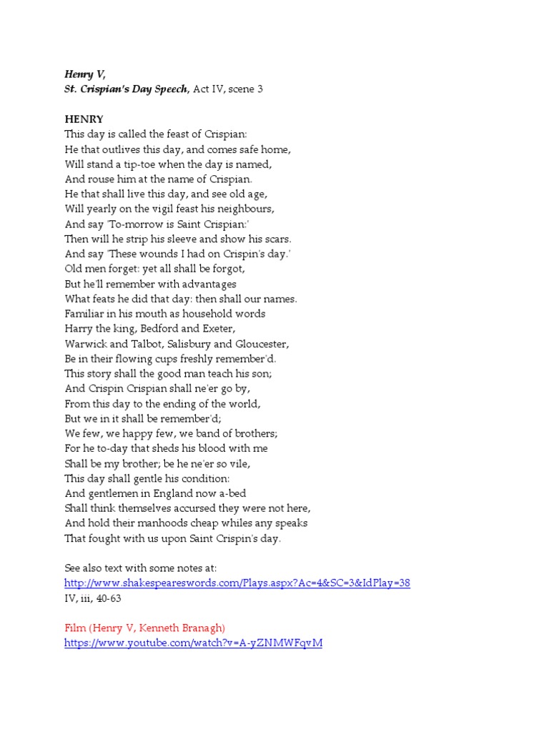 Henry: Henry V, St. Crispian's Day Speech, Act IV, Scene 3 | PDF