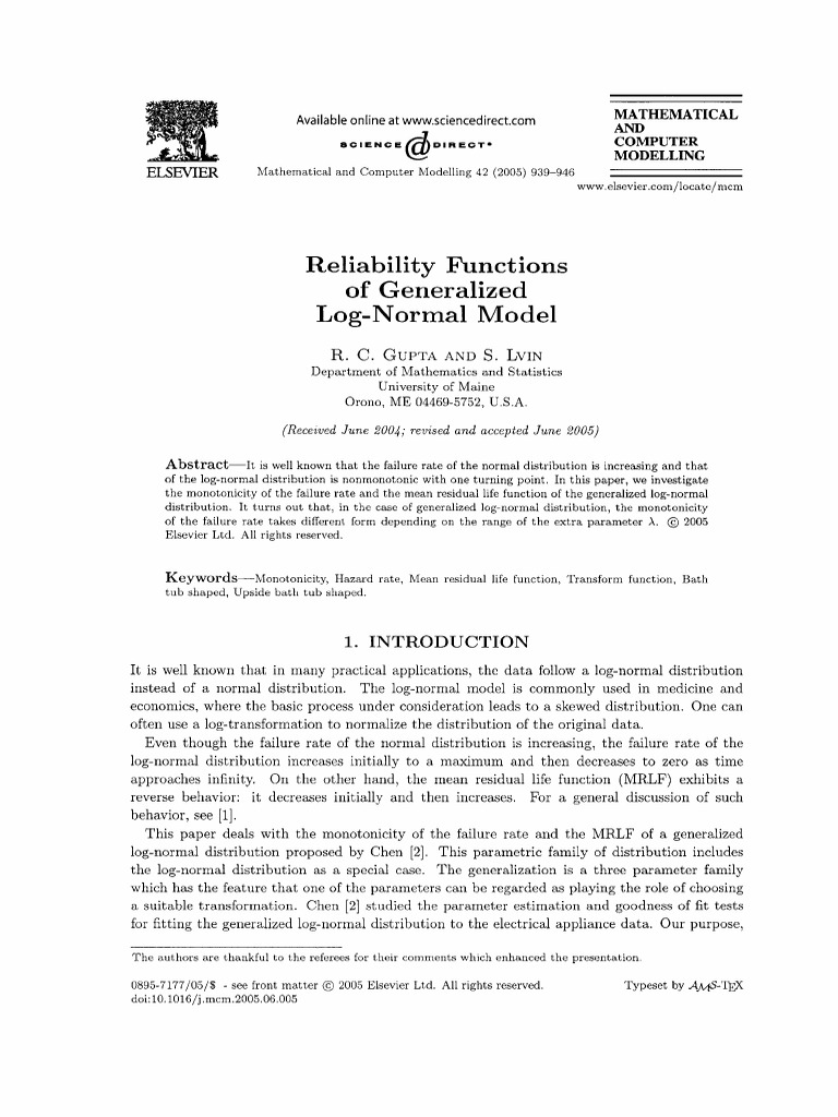 Reliability Functions of Generalized Log Normal Model - Gupta-Lvin PDF ...