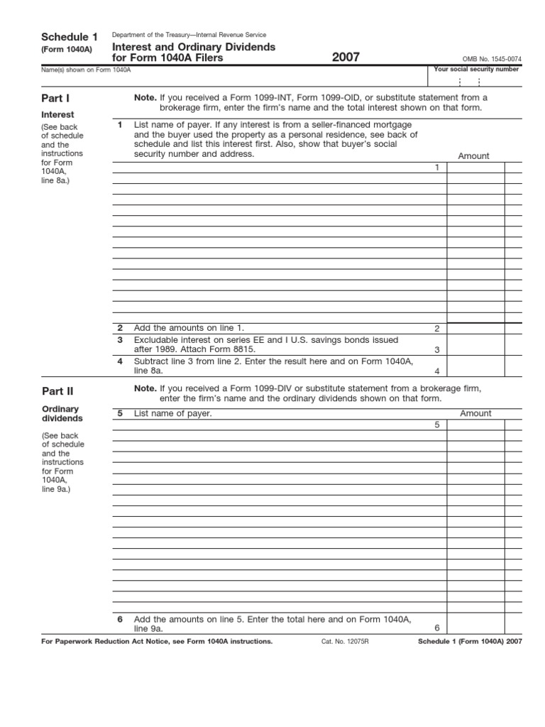 Schedule 1 Interest and Ordinary Dividends For Form 1040A Filers | PDF ...