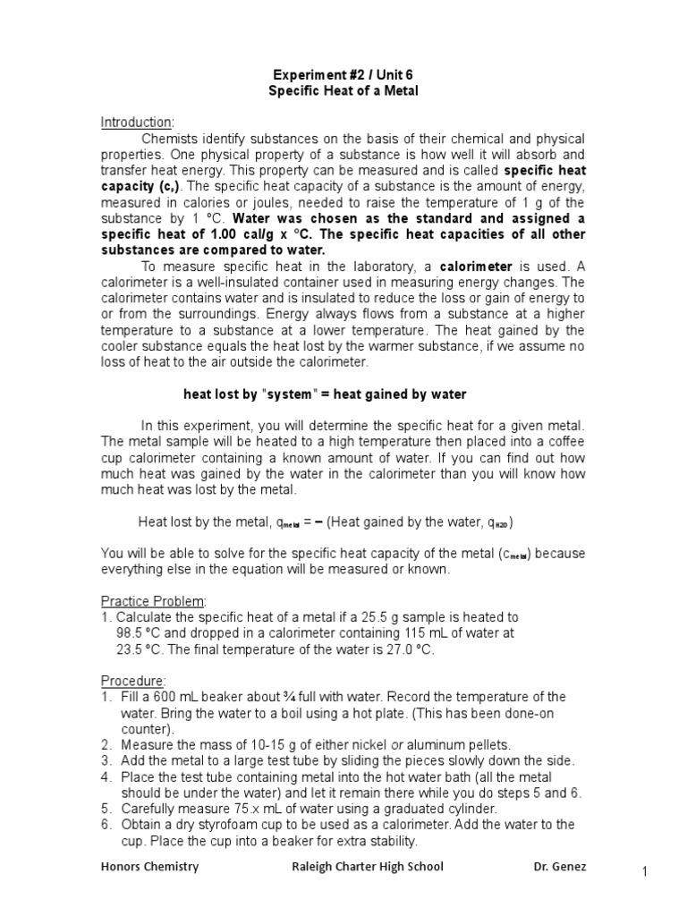 Experiment #2 / Unit 6 Specific Heat of A Metal | PDF | Heat Capacity ...