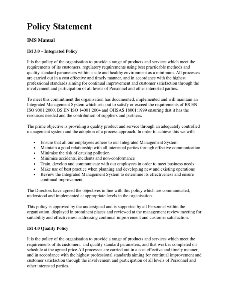 Policy Statement: IMS Manual | PDF | Iso 9000 | Occupational Safety And ...