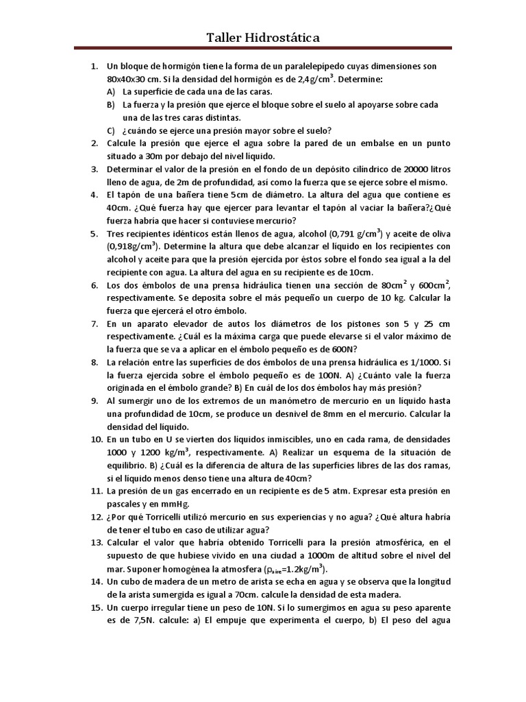 Taller Hidrostatica Pdf Densidad Presión