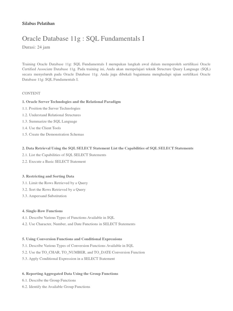 Silabus Oracle Database 11g: SQL Fundamentals I - Ltmi | PDF | Sql ... Silabus Oracle Database 11g: SQL Fundamentals I - Ltmi | PDF | Sql ...