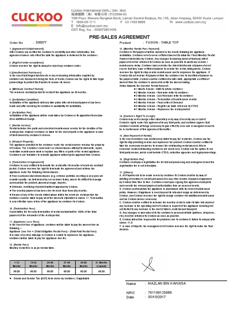 Pre Sales Agreement | PDF | Payments | Renting