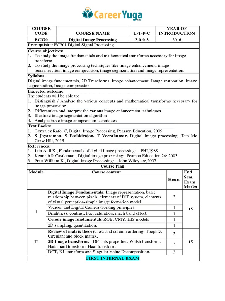 EC370 Digital Image Processing | PDF | Data Compression | Image Segmentation