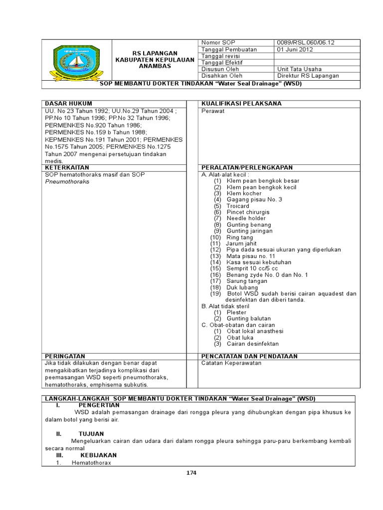 Sop Membantu Dokter Tindakan "Water Seal Drainage" (WSD) | PDF