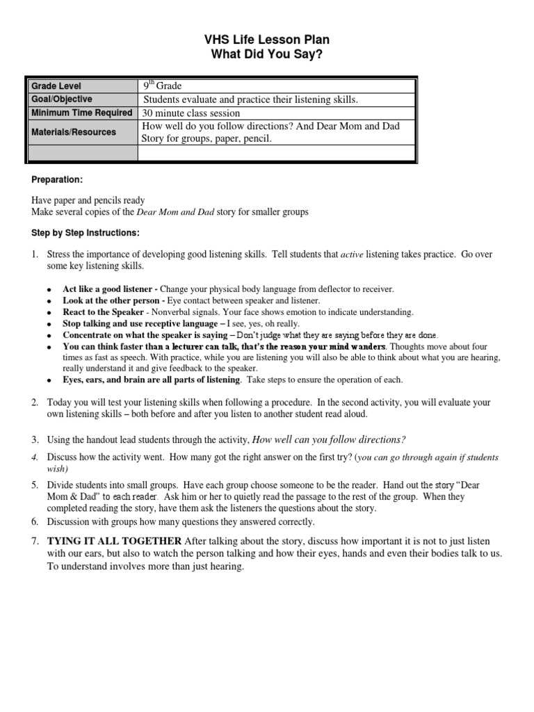 VHS Life Lesson Plan What Did You Say?: Grade Level Goal/Objective ...