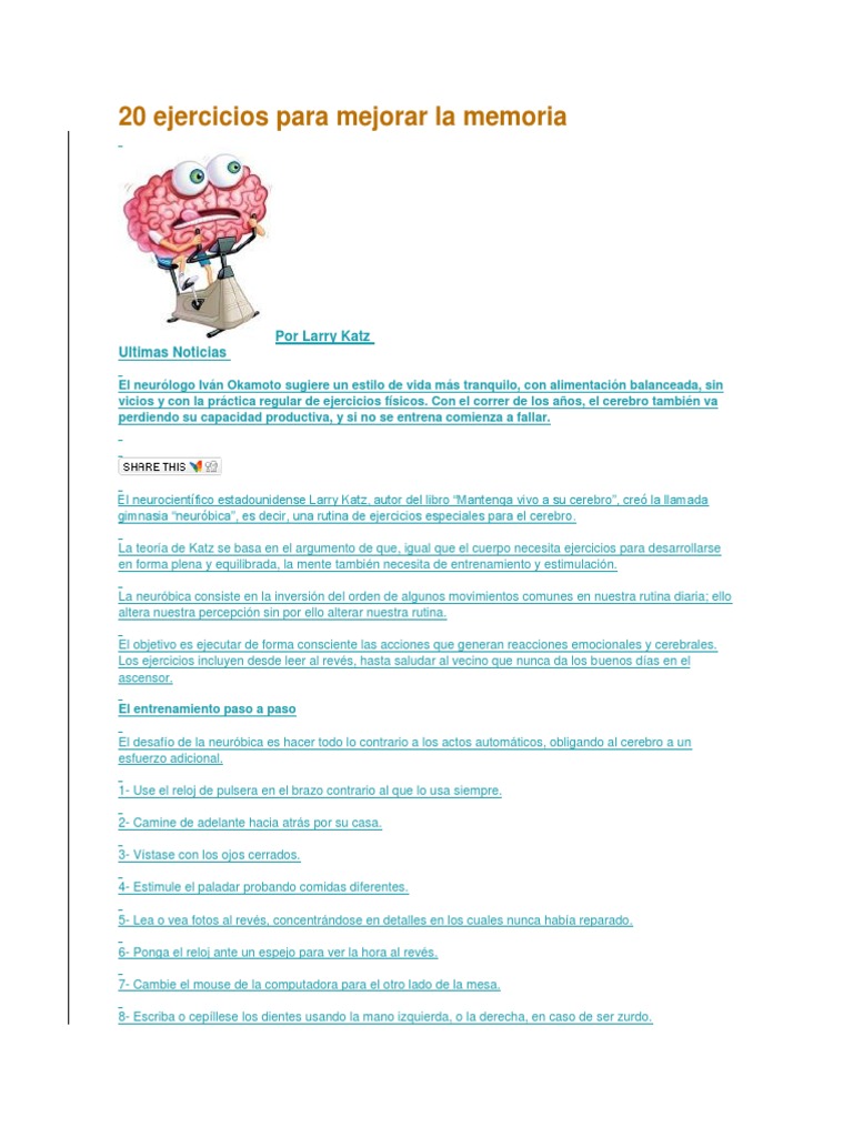 20 Ejercicios Para Mejorar La Memoria Pdf Memoria Cerebro 