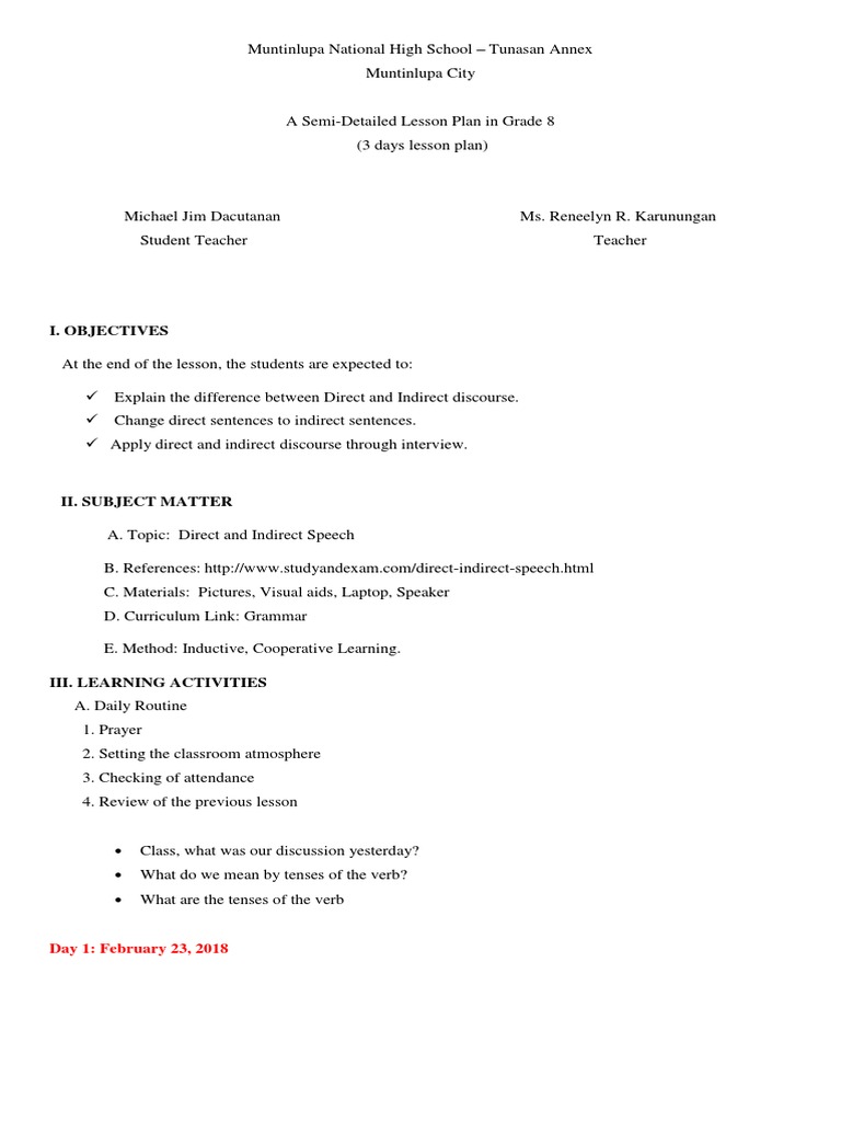 LP For Direct and Indirect Speech | PDF | Verb | Lesson Plan