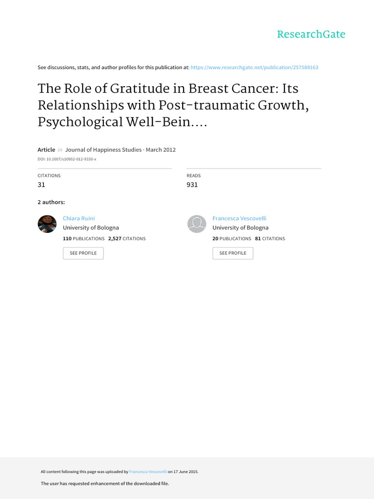 The Role of Gratitude in Breast Cancer: Its Relationships With Post ...