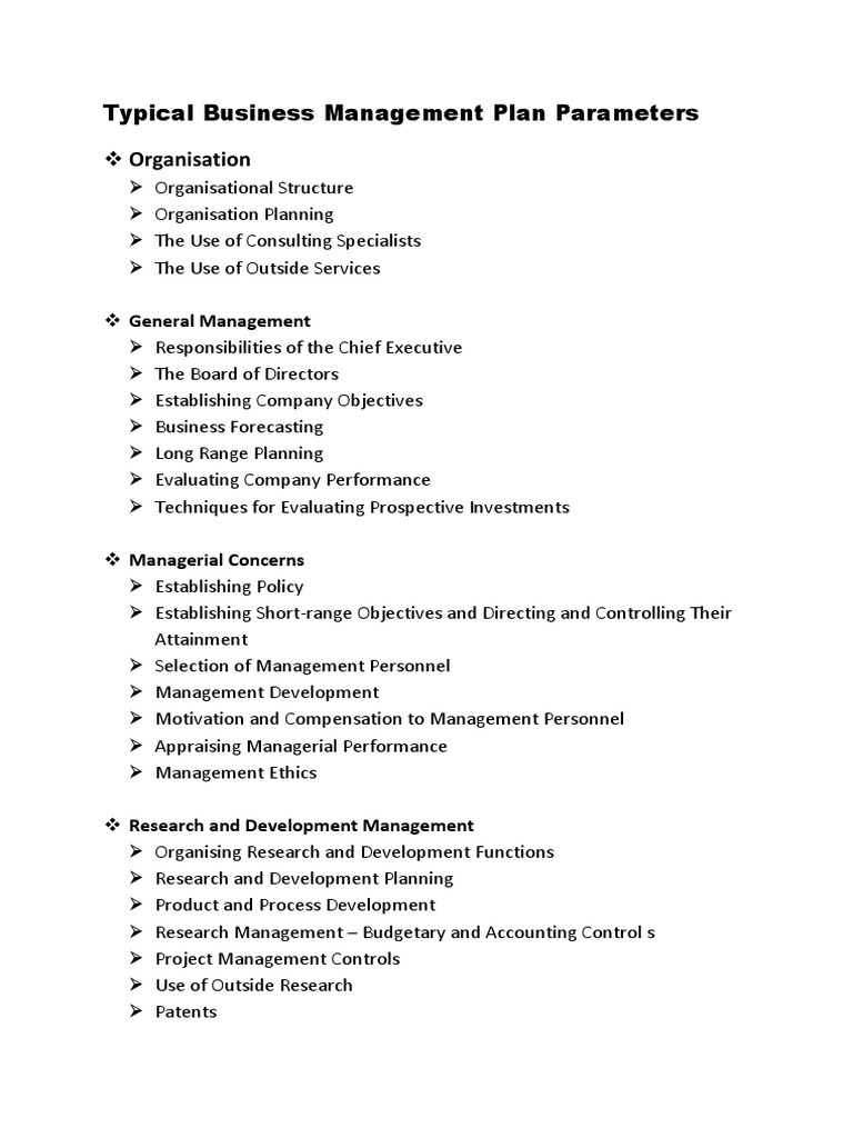 Business Management Plan Parameters | PDF | Employment | Engineering