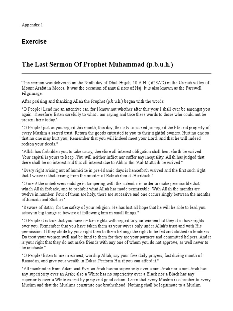 The Last Sermon of Prophet Muhammad (P.b.u.h.) : Exercise | PDF | Hajj ...