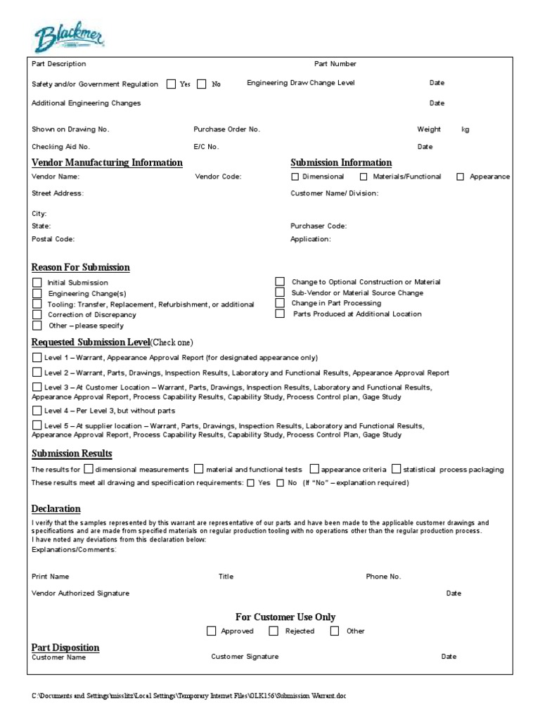 PPAP Submission Warrant Sample | PDF | Specification (Technical ...