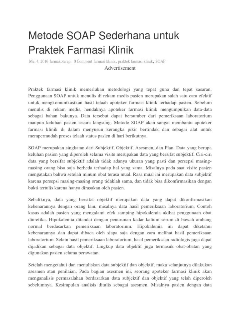 Metode SOAP Sederhana Untuk Praktek Farmasi Klinik | PDF