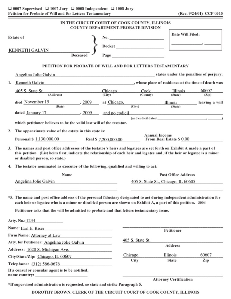 Cook County Circuit Court Petition For Probate Will and For Letters ...