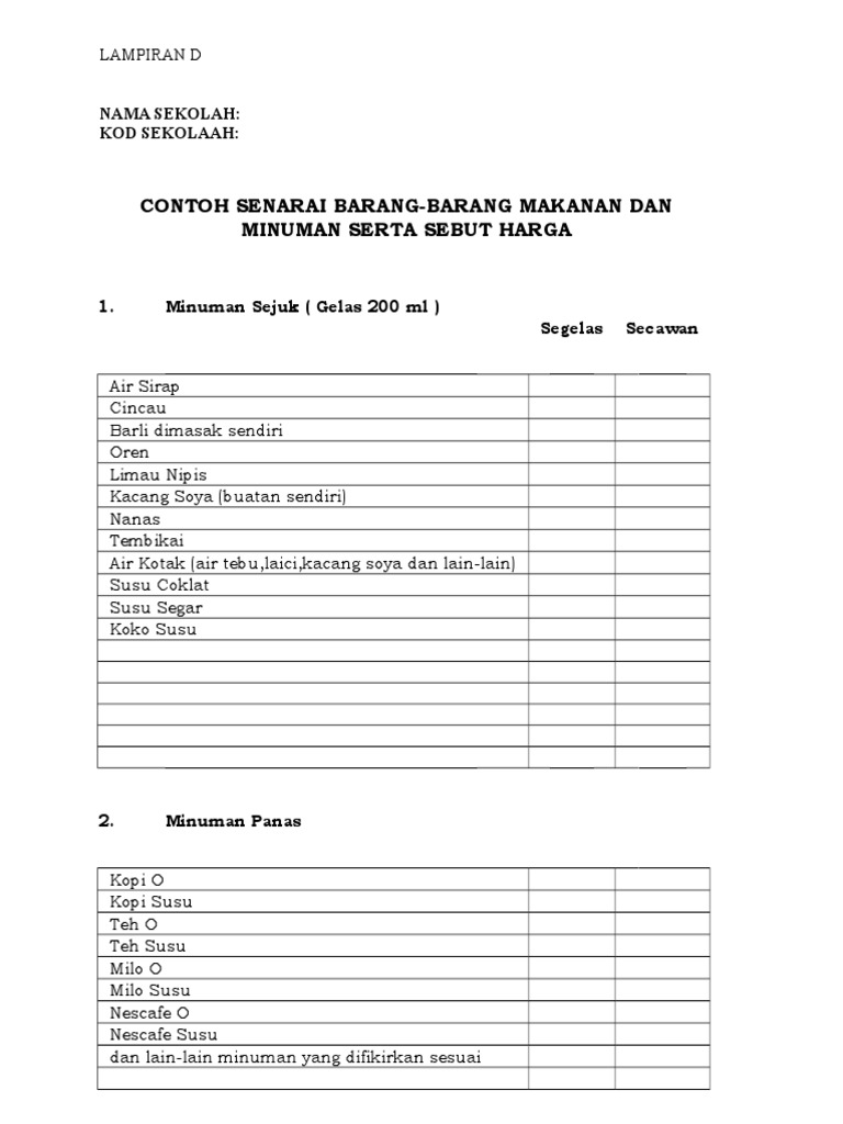 Lampiran Menu Sebut Harga Kantin | PDF
