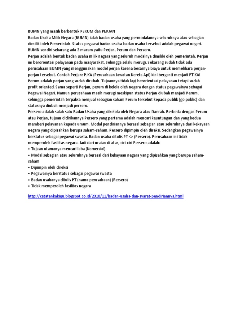 BUMN Yang Masih Berbentuk PERUM Dan PERJAN | PDF