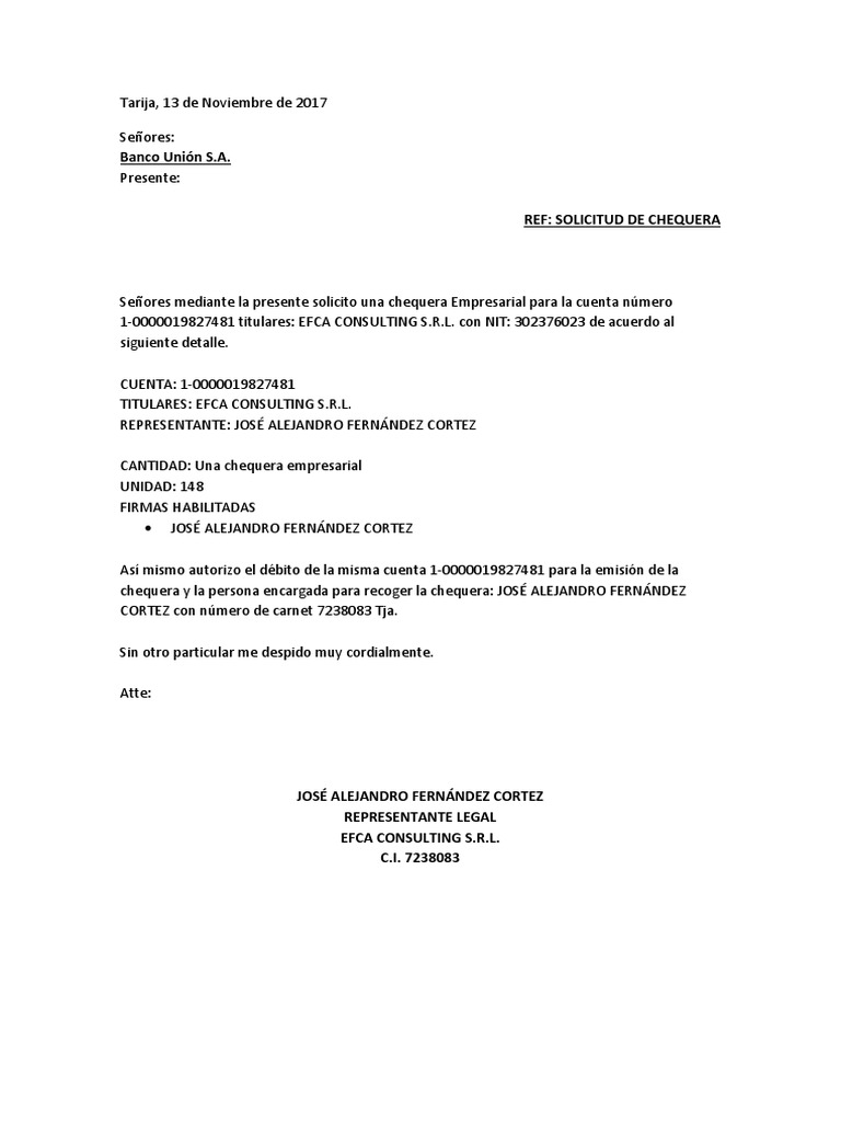 Carta para Chequera | PDF