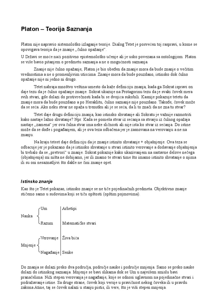 Platon - Teorija Saznanja, Tetet I Drzava | PDF