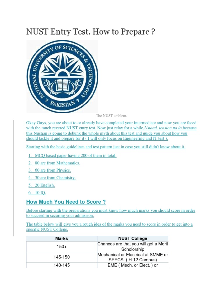 NUST Entry Test | PDF | Test (Assessment) | Teaching Mathematics