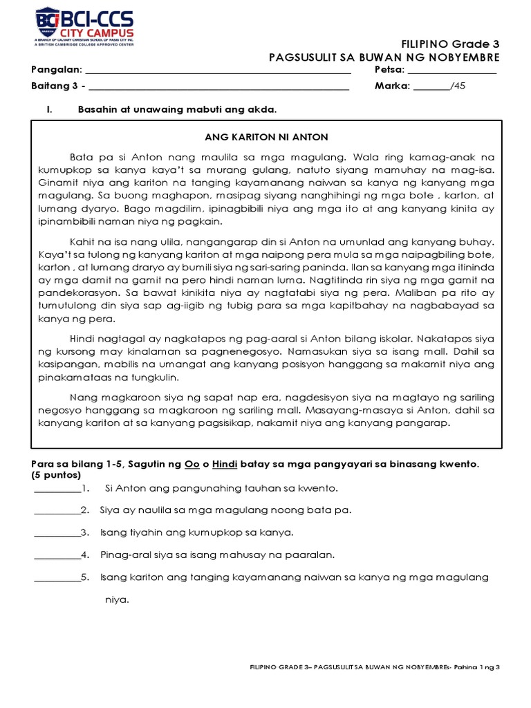 Grade 3 Exam Sa Filipino | PDF