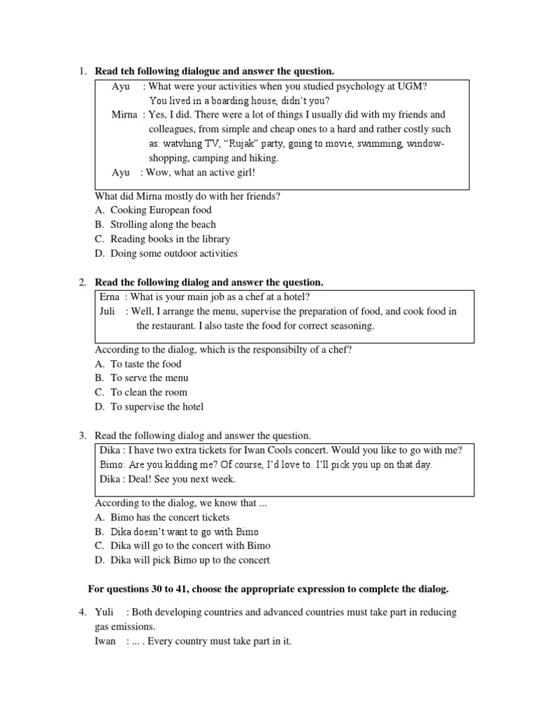 Read Teh Following Dialogue and Answer The Question | PDF | Foods | Leisure