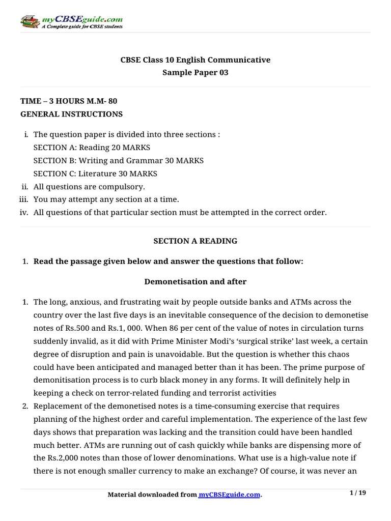 CBSE Class 10 English Sample Paper | PDF | Helen Keller | Business