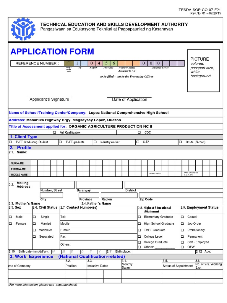 TESDA Application Form for Assessment | PDF | Behavior Modification ...