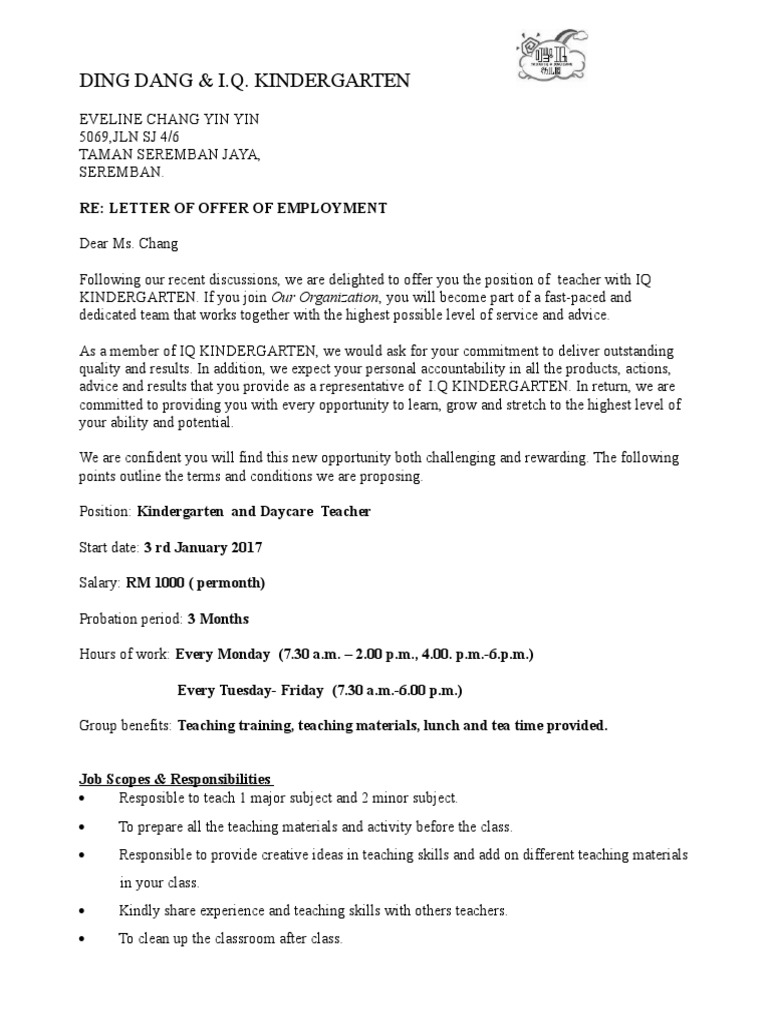 Offer Letter | PDF | Kindergarten | Day Care