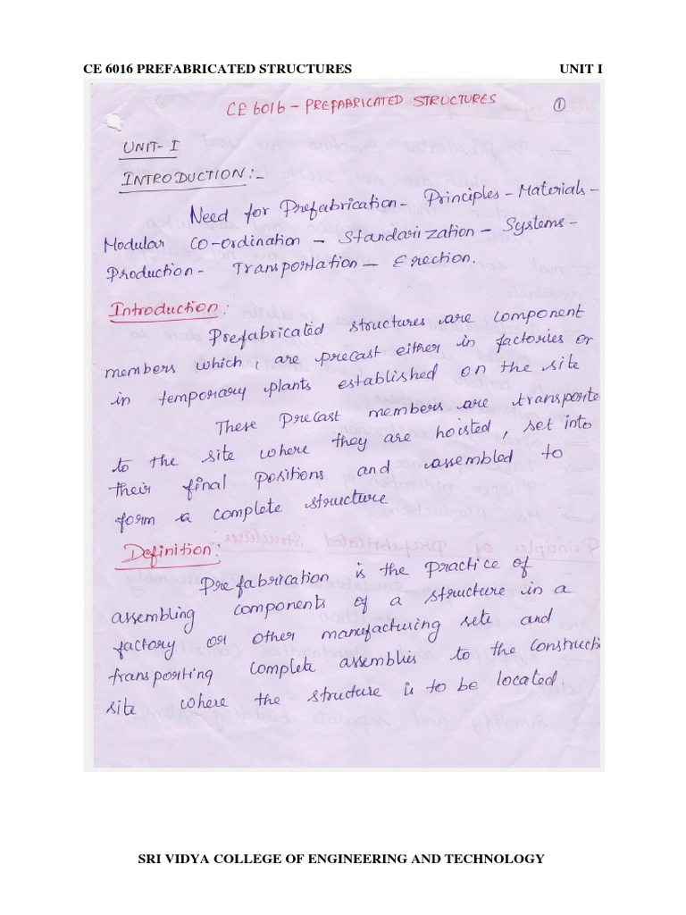 Introduction to Prefabricated Structures: Unit I Course Materials from Sri Vidya College of ...