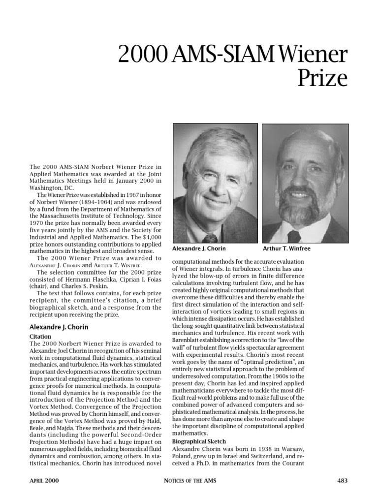 2000 AMS-SIAM Wiener Prize: Arthur T. Winfree Alexandre J. Chorin | PDF ...