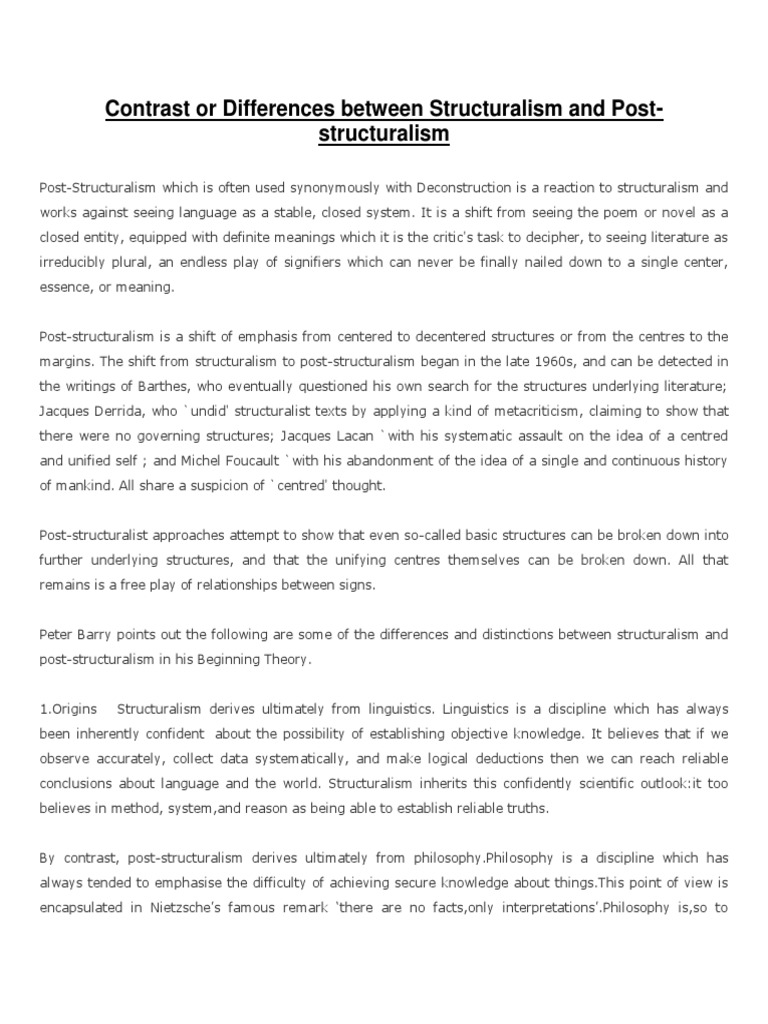 Contrast or Differences Between Structuralism and Post | PDF ...