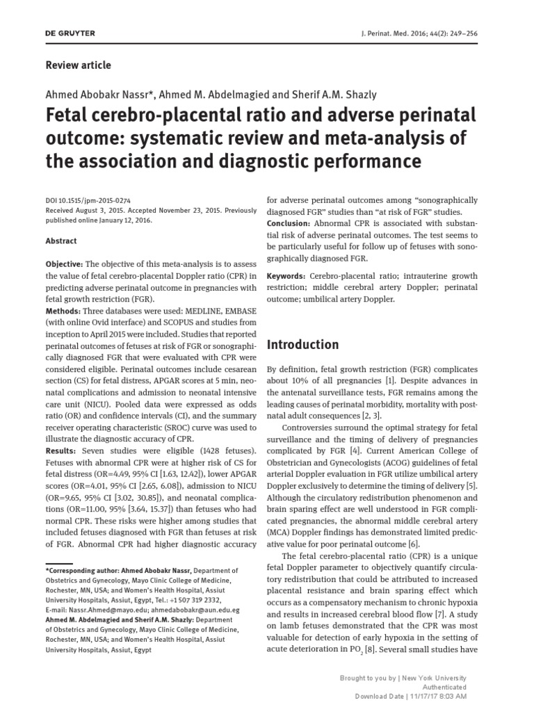 Fetal Cerebro-Placental Ratio and Adverse Perinatal Outcome: Systematic ...