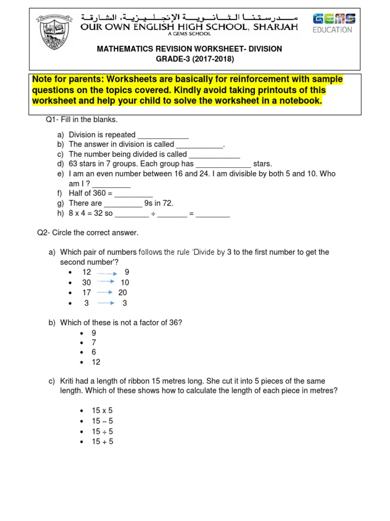 Division Revision Worksheet 2017 | PDF | Teaching Mathematics