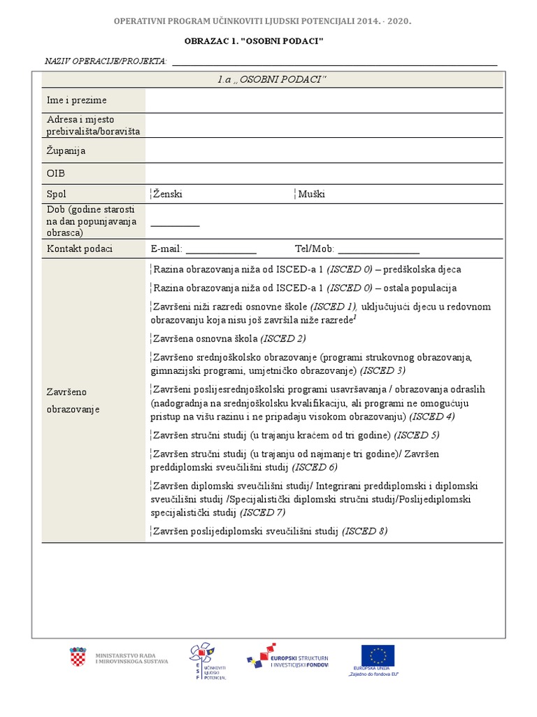 Obrazac 1 - Podaci o Sudionicima | PDF