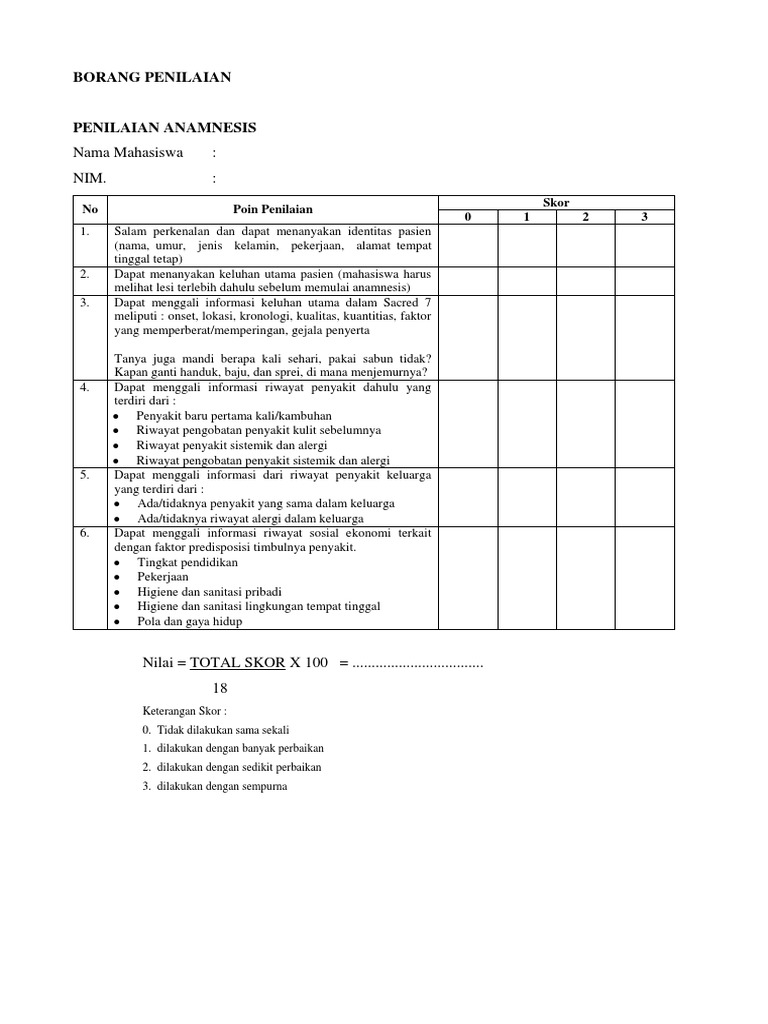 Checklist Pemeriksaan Kulit (Anamnesis Dan PF) | PDF