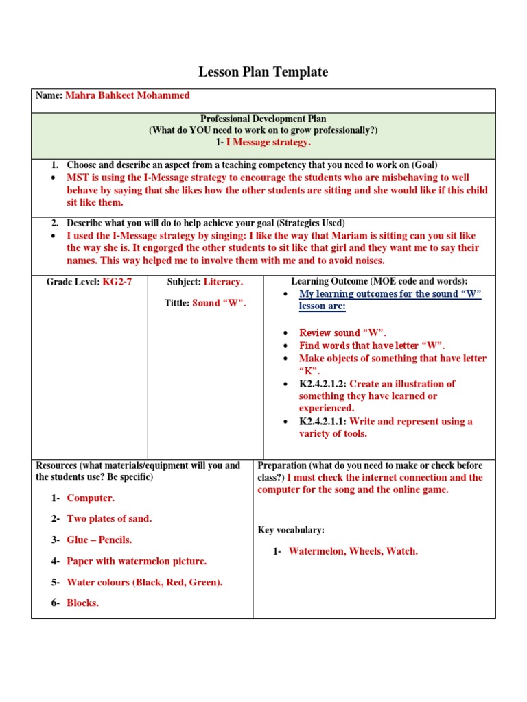 Lesson Plan Letter W | PDF | Lesson Plan | Behavior Modification