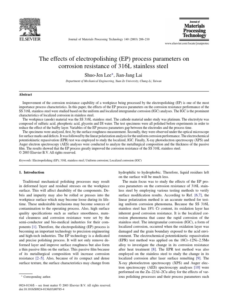 The Effects of Electropolishing (EP) Process Parameters On Corrosion ...