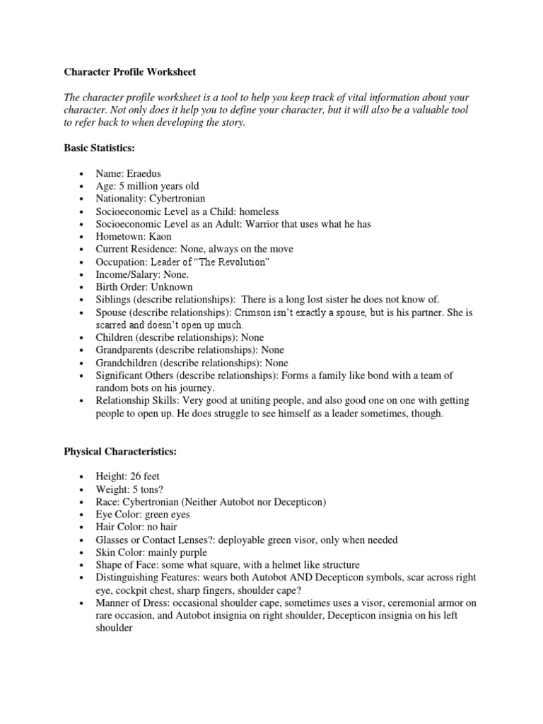 Character Profile Worksheet 1 2 | PDF | Hero | Extraversion And ...