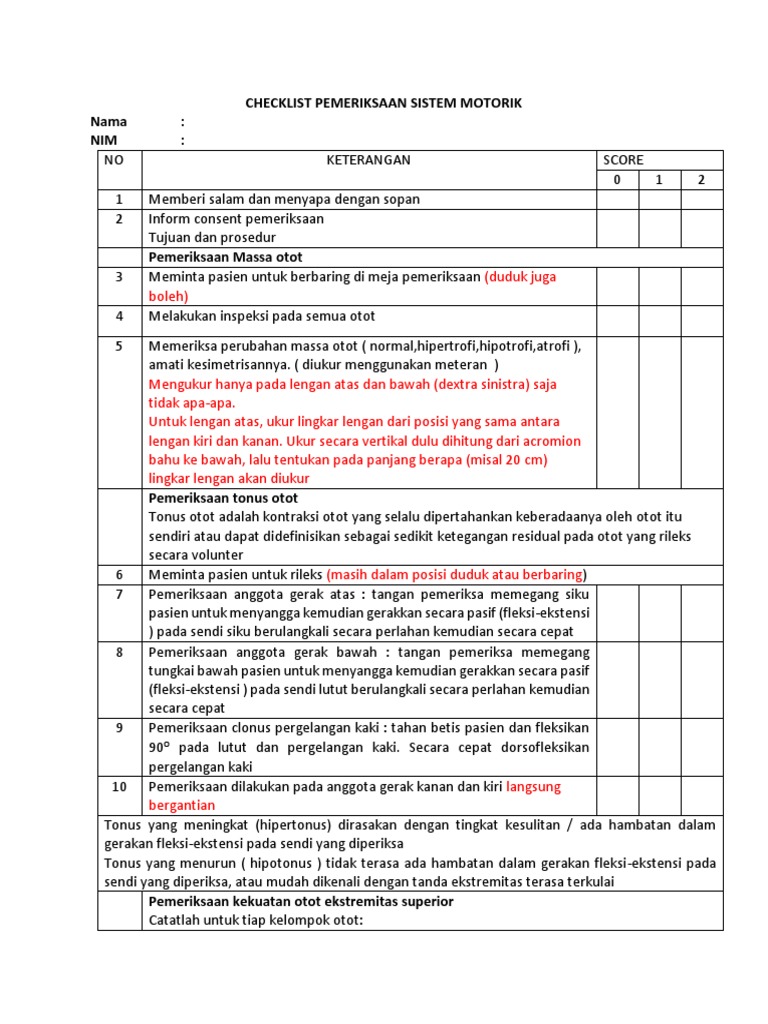 Checklist Pemeriksaan Sistem Motorik | PDF