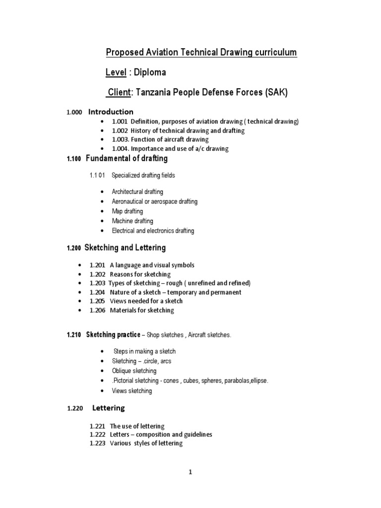 Proposed Aviation Technical Drawing Curriculum Level: Diploma Client ...