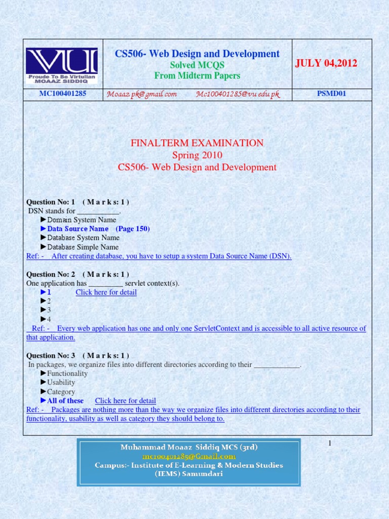 Web Design and Development - CS506 Spring 2010 Final Term Solved Mcqs ...