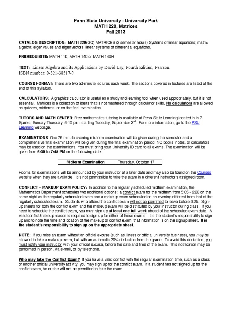 Penn State University - University Park MATH 220, Matrices Fall 2013 ...