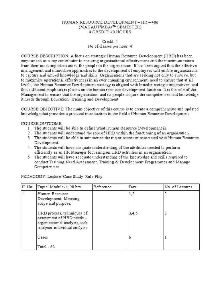 Lesson Plan HRD - HR 406 | PDF | Human Resource Management | Competence (Human Resources)