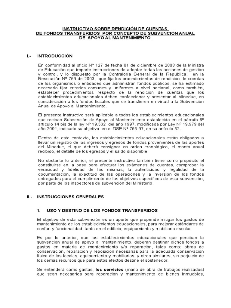 Instructivo Rendicion de Cuentas de Mantenimiento 2009 | PDF ...