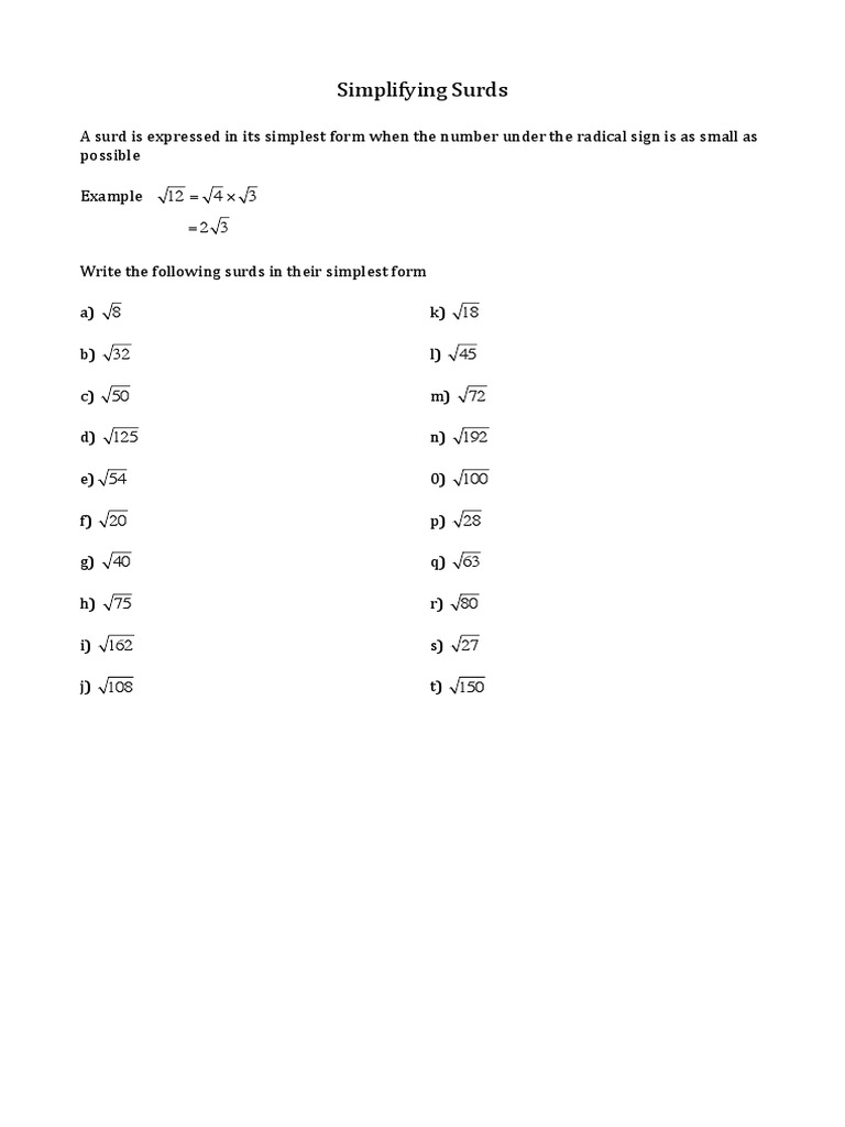 Simplifying Surds | PDF | Algebra | Teaching Mathematics