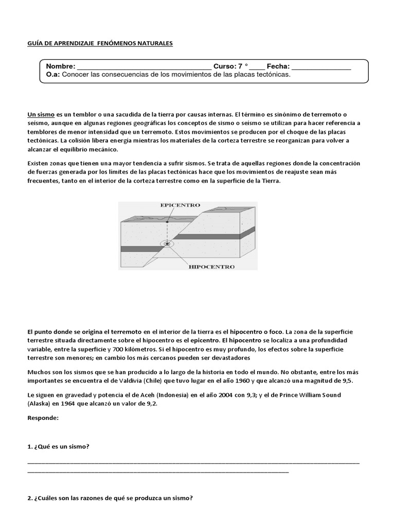 Guía de Aprendizaje Fenómenos Naturales | PDF | Temblores | Placas ...