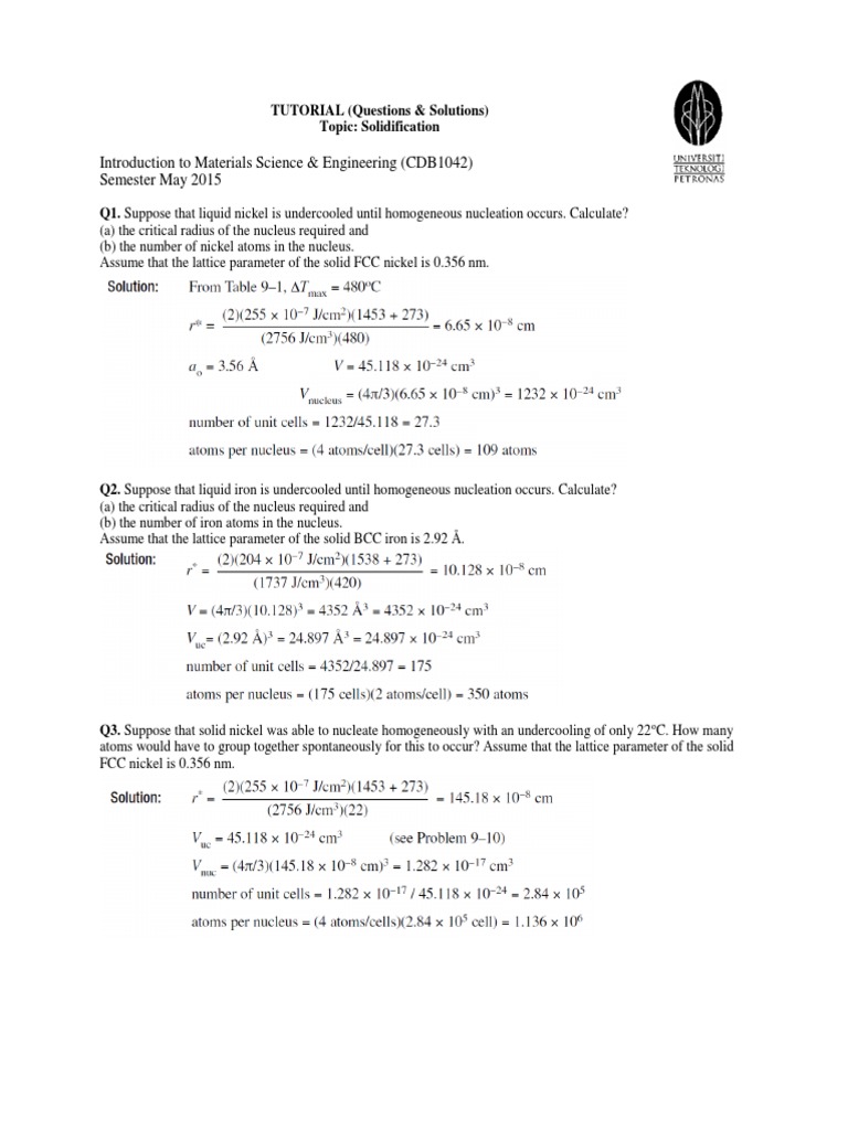 Tutorial (Lecture 2-Solidification) Questions and Answers | PDF | Casting (Metalworking ...