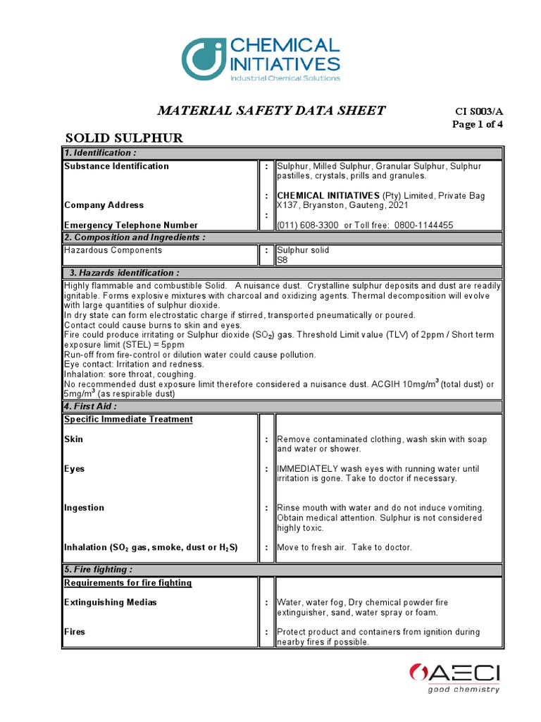 MSDS Sulphur | PDF | Fires | Sulfur